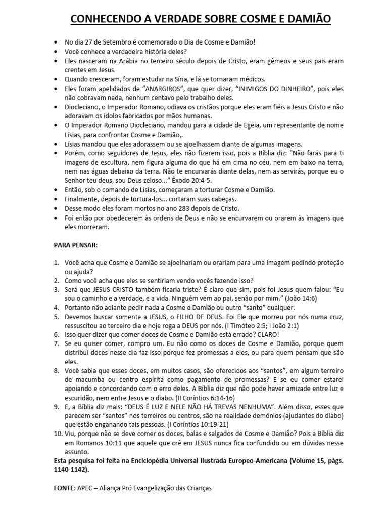 Verdade sobre Cosme e Damião | PDF | Jesus | Deus