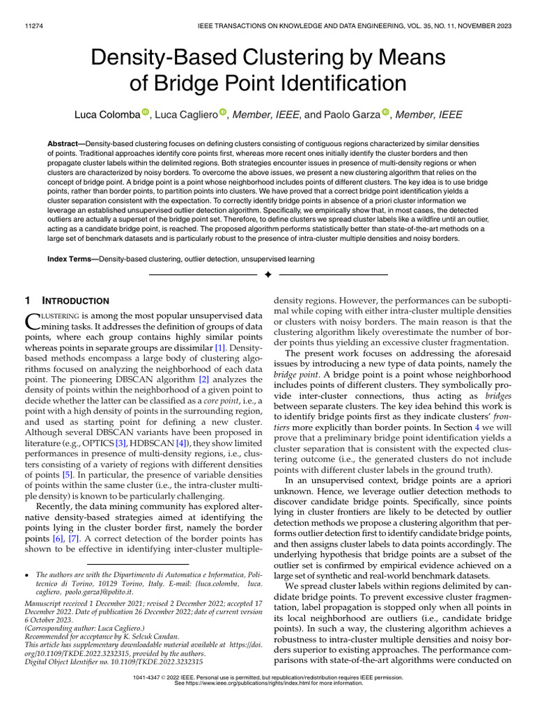 Density-Based Clustering by Means of Bridge Point Identification | PDF | Cluster Analysis | Outlier