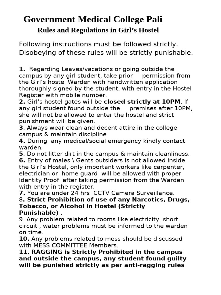 Girls Hostel Rules 2025 | PDF