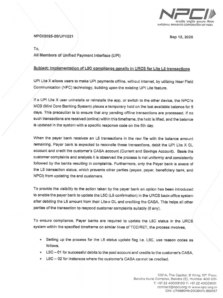 UPI OC No 221 FY 2025 26 Implementation of L5C Compliance Penalty in URCS For Lite L5 ...