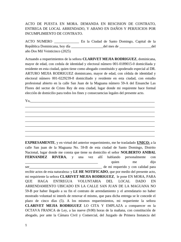 Acto de de Puesta en Mora y Demanda en Rescision de Contrato de ...