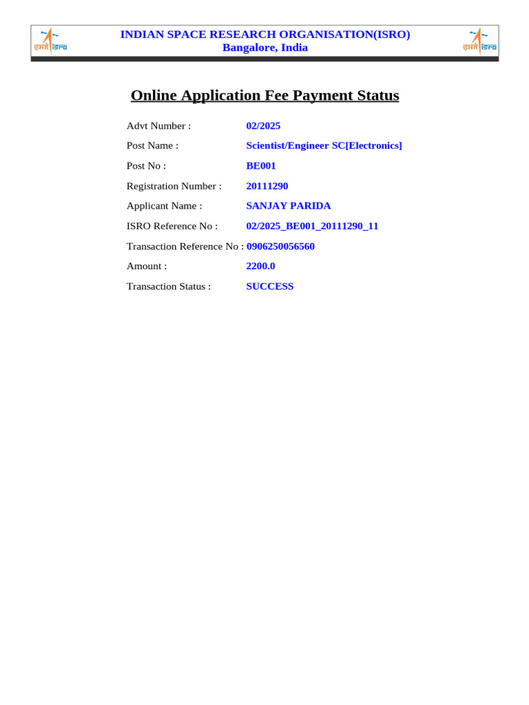 ISRO Application Fee Payment Status | PDF