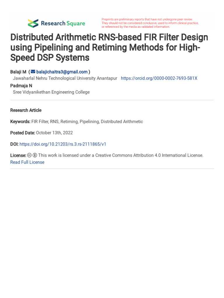 Distributed Arithmetic RNS-based FIR Filter Design | PDF | Filter (Signal Processing) | Digital ...