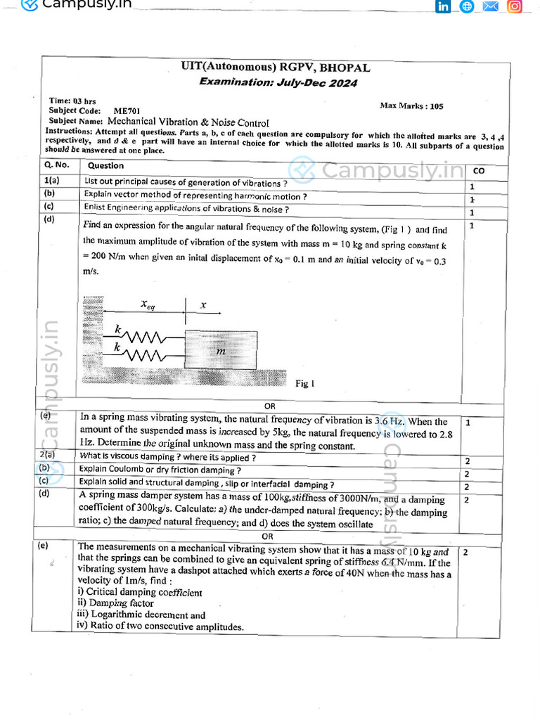 Mechanical Vibration and Noise Control-Campusly PYQs | PDF