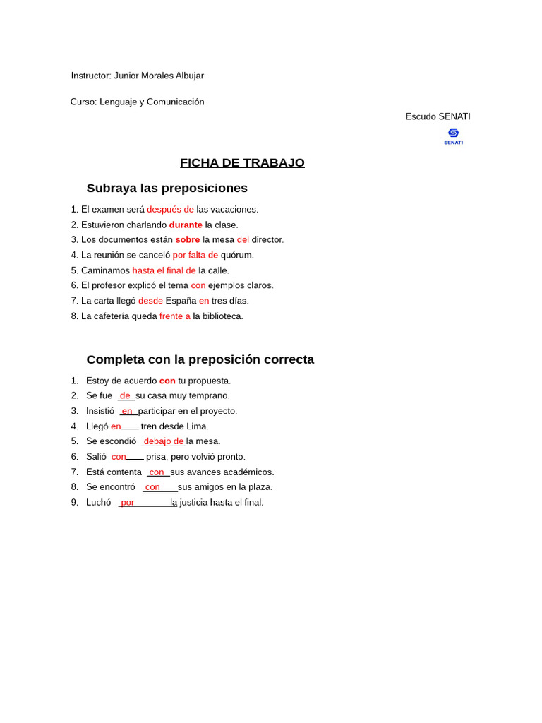 Ejercicios de Preposiciones en Español | PDF
