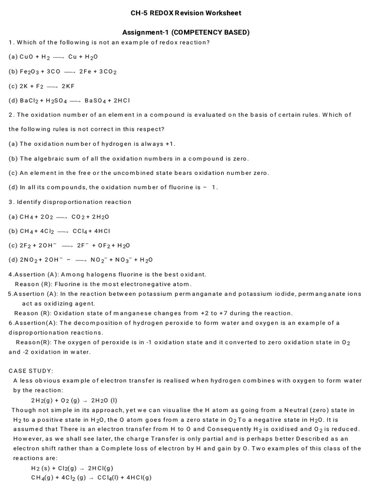 Redox Reactions Revision Worksheet | PDF
