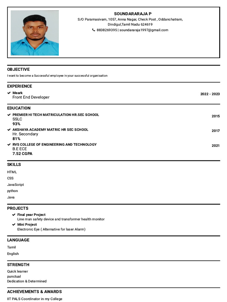 Soundararaja P - Front End Developer Resume | PDF
