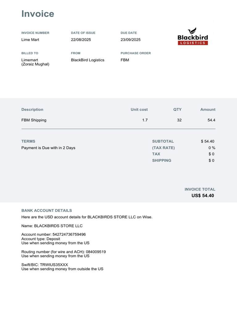 Invoice for Lime Mart Shipping Services | PDF
