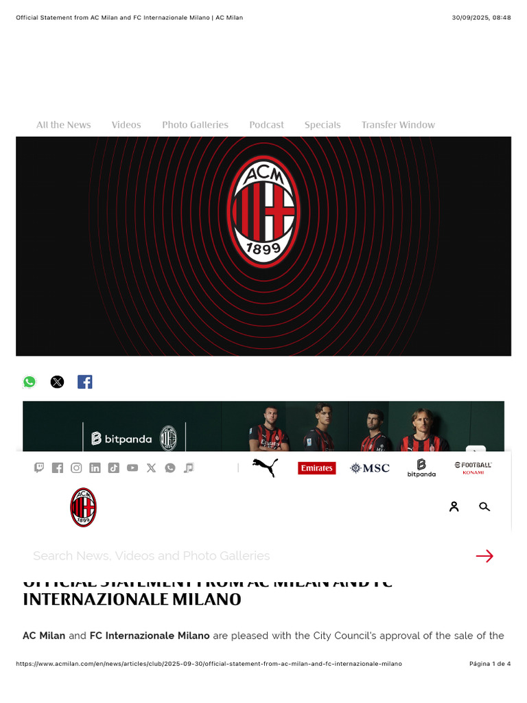 Official Statement From AC Milan and FC Internazionale Milano AC Milan ...