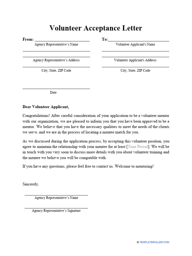 Main Sample Volunteer Acceptance Letter Template | PDF