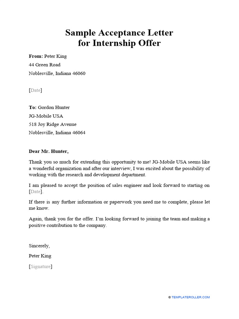 Main Sample Acceptance Letter For Internship Offer | PDF