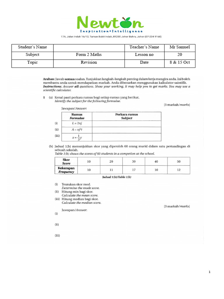 Form 2 Maths Lesson 20 | PDF