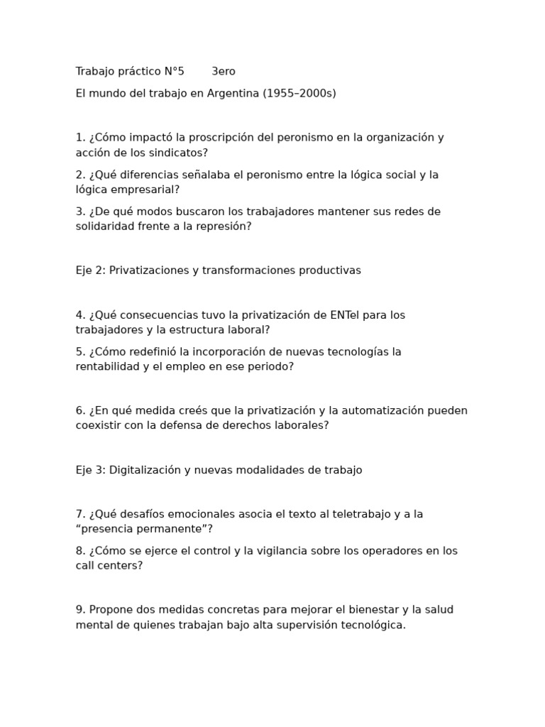 Trabajo Práctico N°5 3er Año El Mundo Del Trabajo Mitad XX | PDF ...