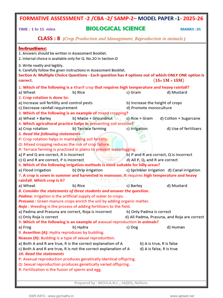 8th Class Biology FA2 Model Paper 2025 | PDF | Sexual Reproduction ...