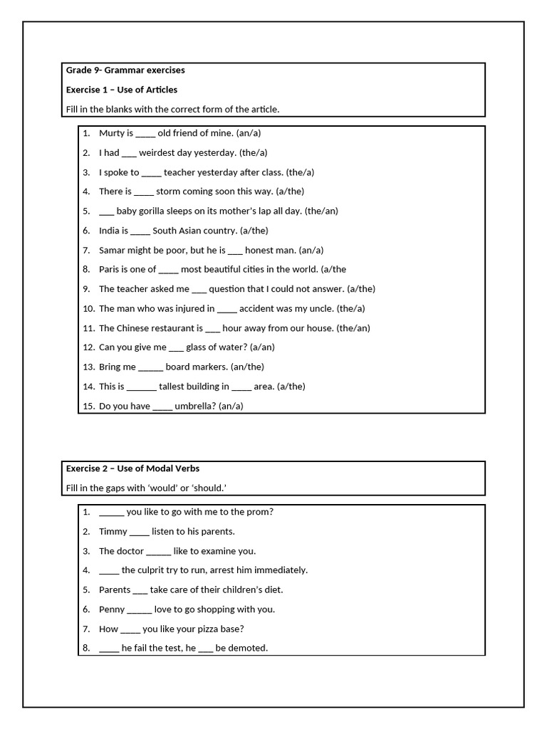 Grade 9 Grammar Exercises and Answers | PDF