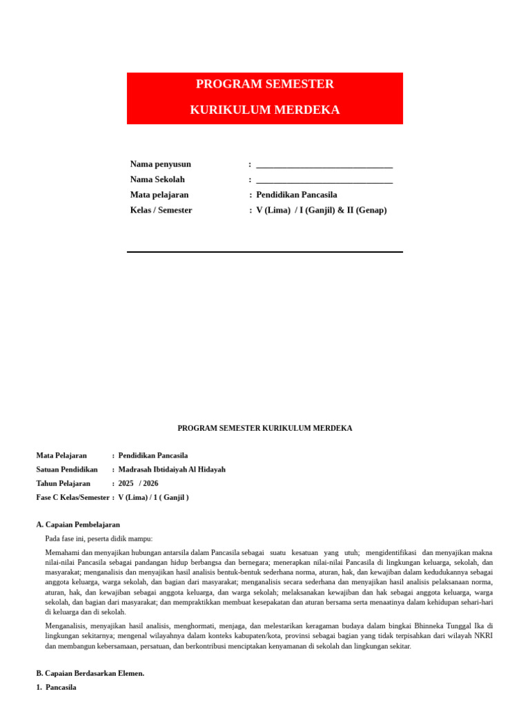 Prosem Pendidikan Pancasila Kelas 5 Kurikulum Merdeka | PDF
