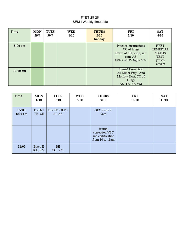 Weekly Timetable FYBT Sem I | PDF