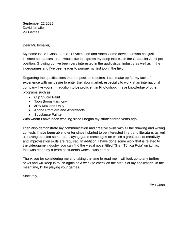 Cover Letter For 2K Eva Caso | PDF