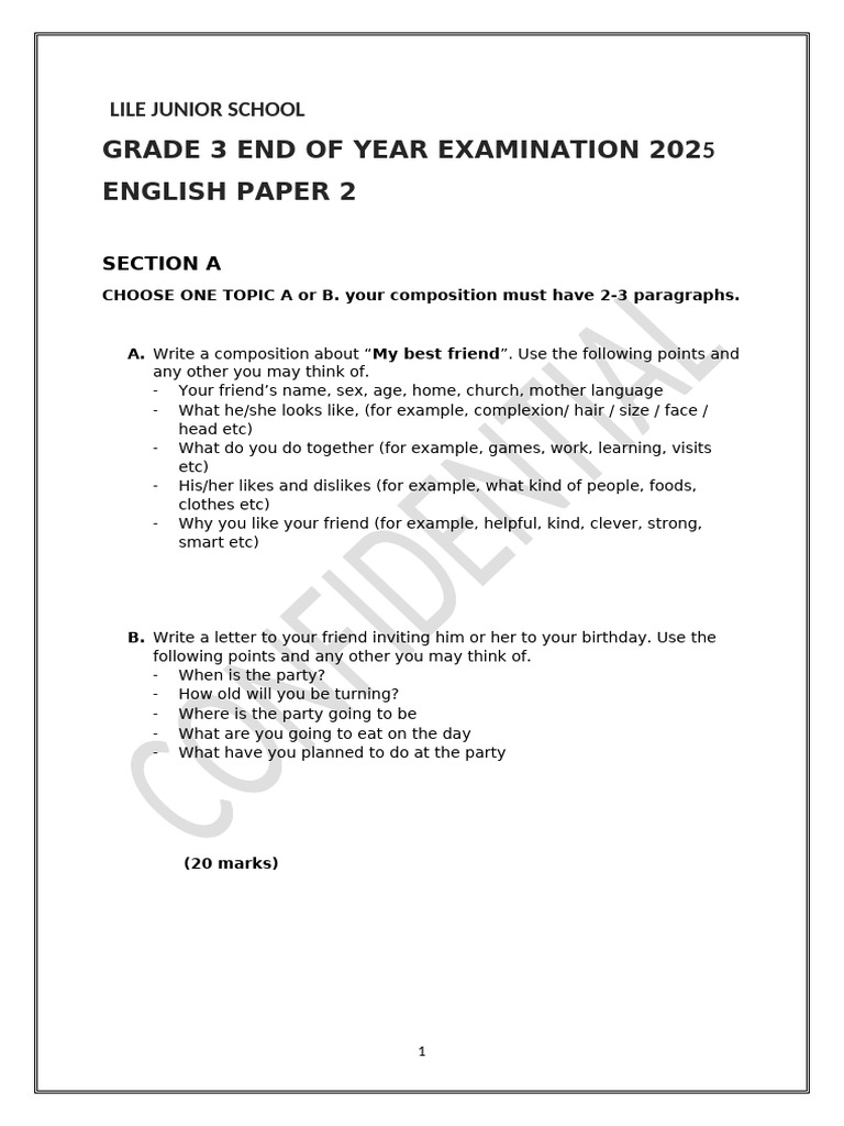 Grade 3 English Exam Paper 2 | PDF