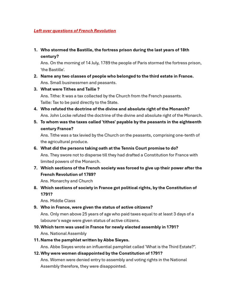 Key Questions on the French Revolution | PDF | French Revolution ...