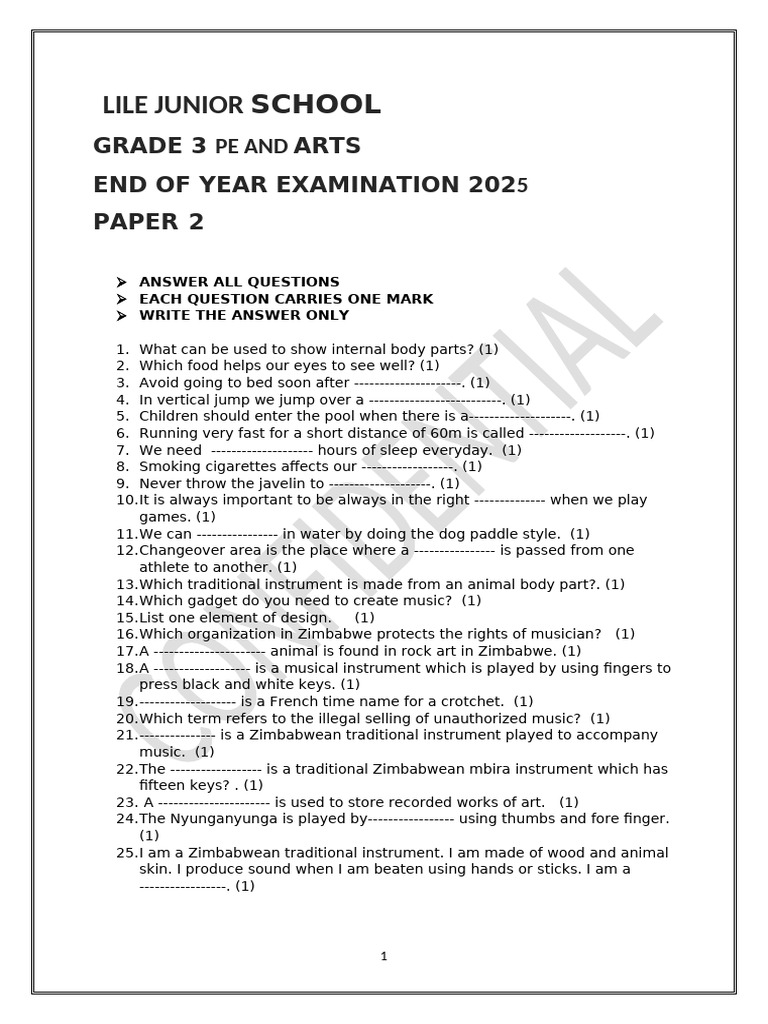 Grade 3 PE & Arts Exam 2025 | PDF