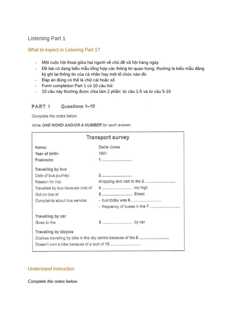 Listening Part 1: Form Completion Guide | PDF | Bus | Service Industries