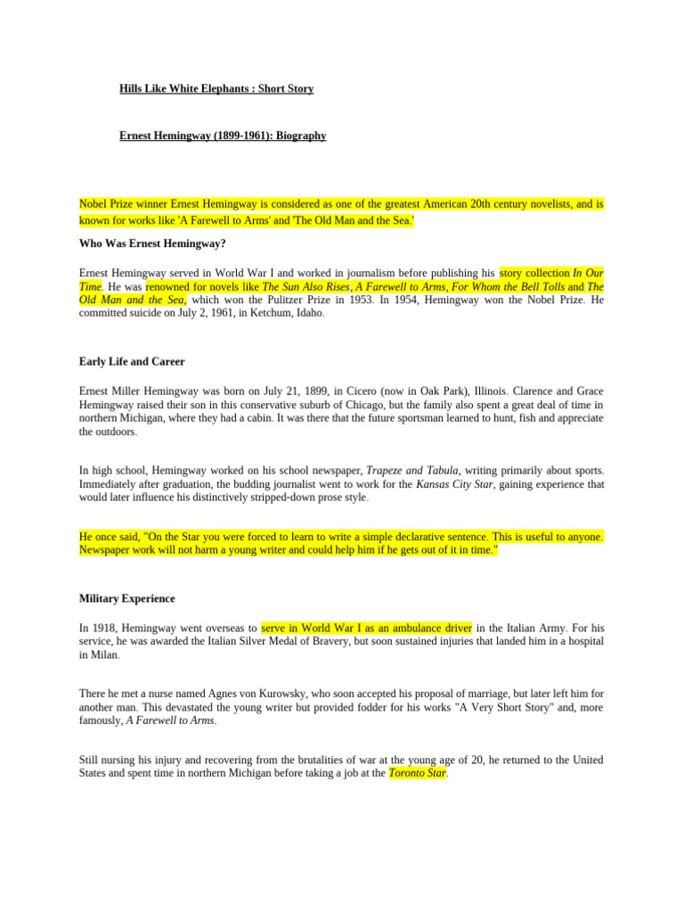 Ernest Hemingway Short Story Students Notes For Revision | PDF | Ernest ...