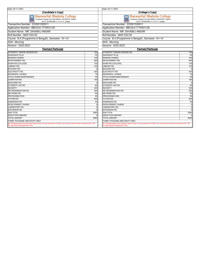 B.B. College Admission Slip | PDF | Fee | Payments
