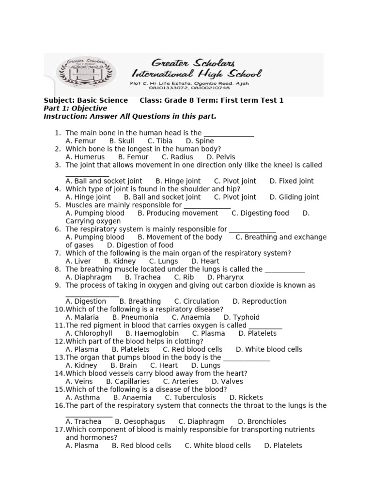 GSIHS 1st Term GR 8 Basic Sci Test 1 Q | PDF | Human Body | Lung