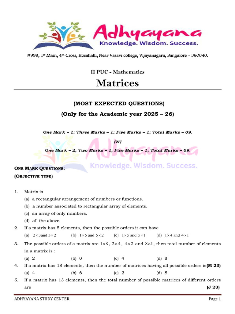 Matrices - QB (2025-26) LG | PDF