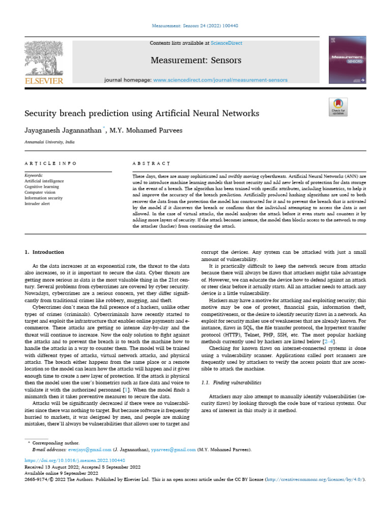 Security Breach Prediction Using Artificial Neural Networks | PDF | Security | Computer Security