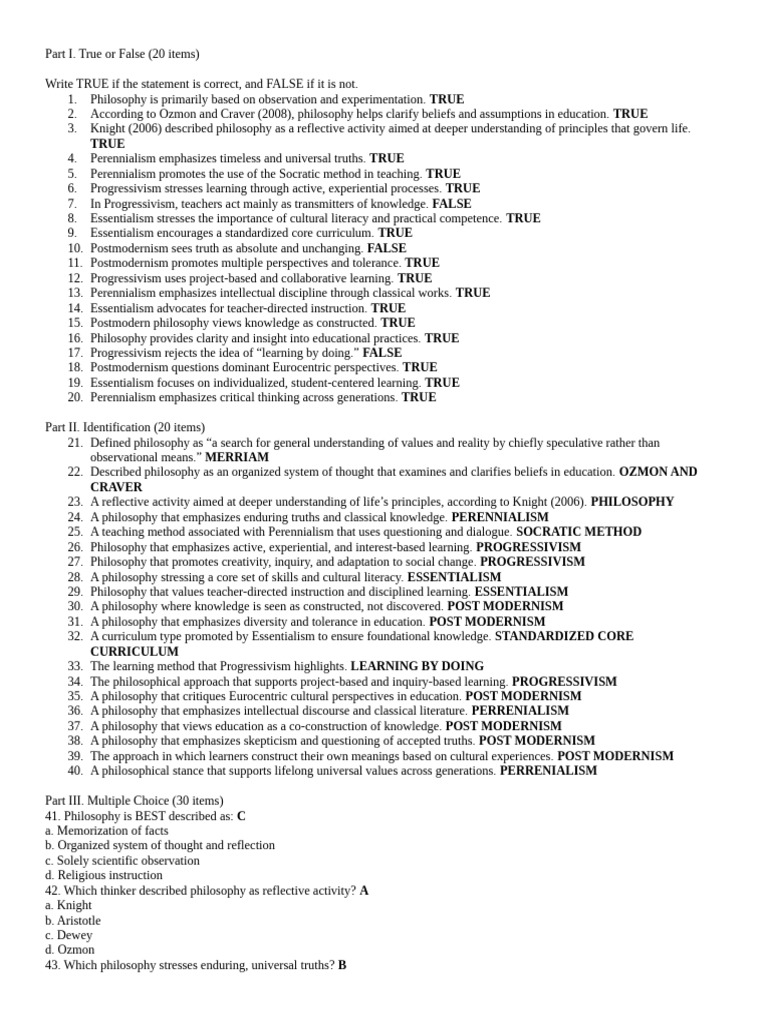 Educational Philosophies: True/False Quiz | PDF | Sociology | Postmodernism