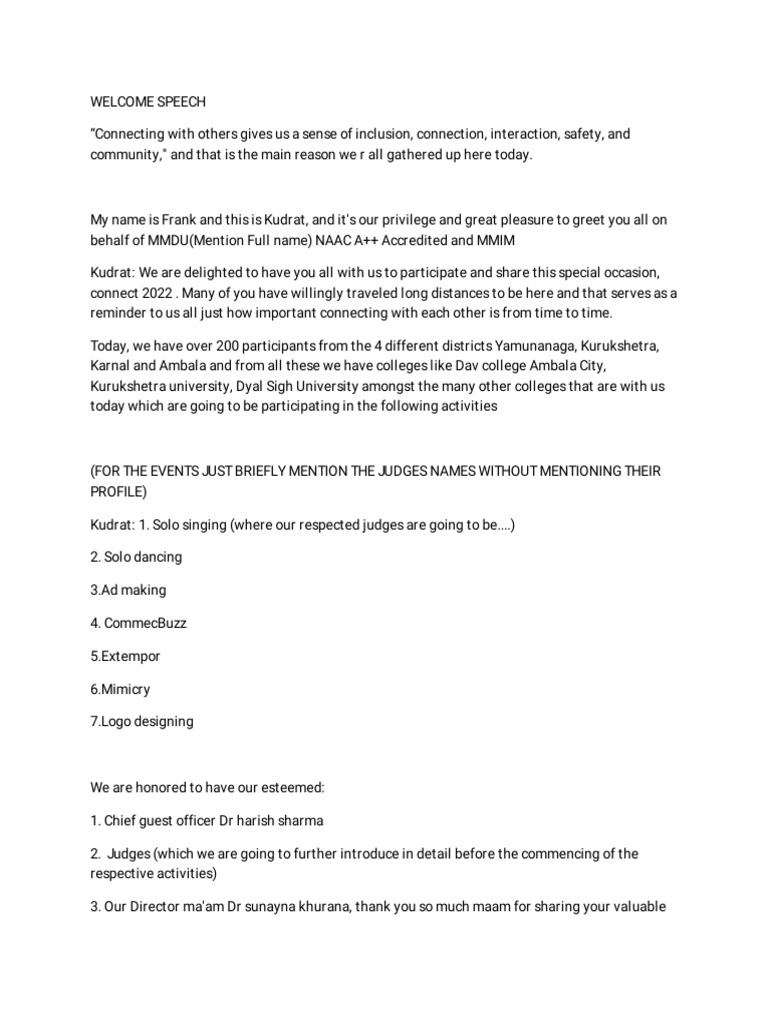 Welcome Speech Connect Event | PDF