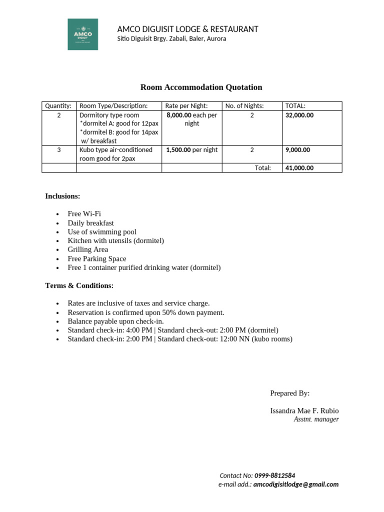 Amco Diguisit Lodge Room Rates & Info | PDF