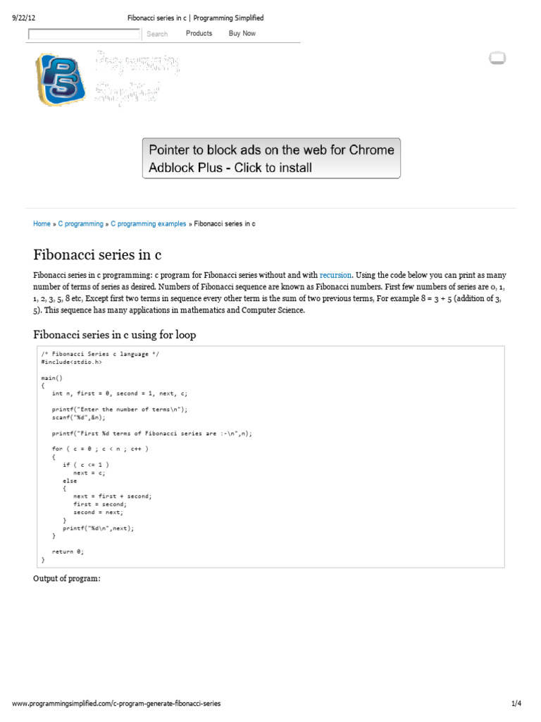 Fibonacci Series in C - Programming Simplified | PDF | Sequence ...