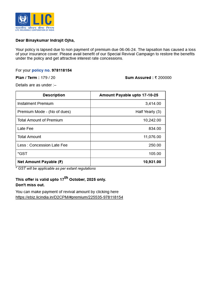 Policy Lapse Notification and Revival Offer | PDF