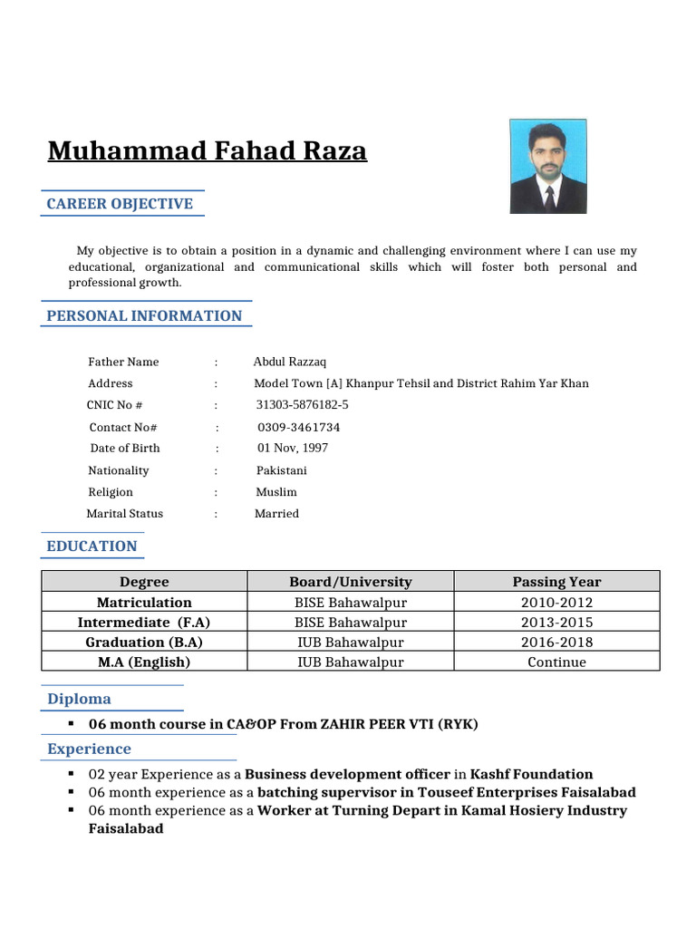 Muhammad Fahad Raza's CV and Career Goals | PDF