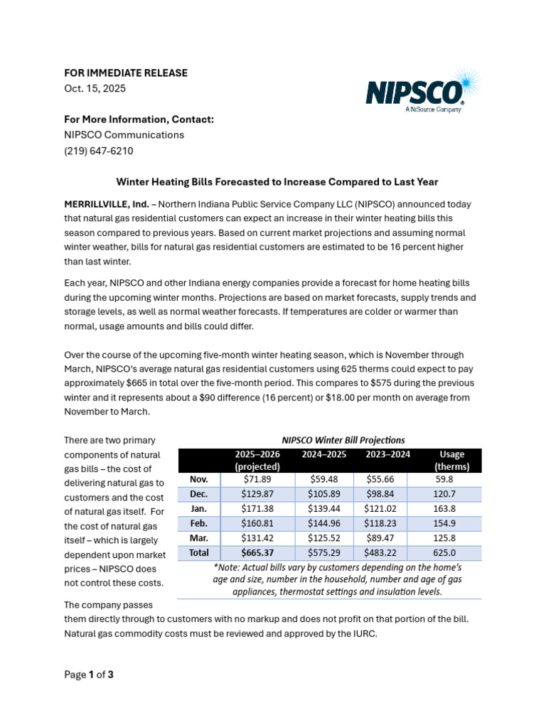 NIPSCO Winter Heating Bill Increase 2025 | PDF