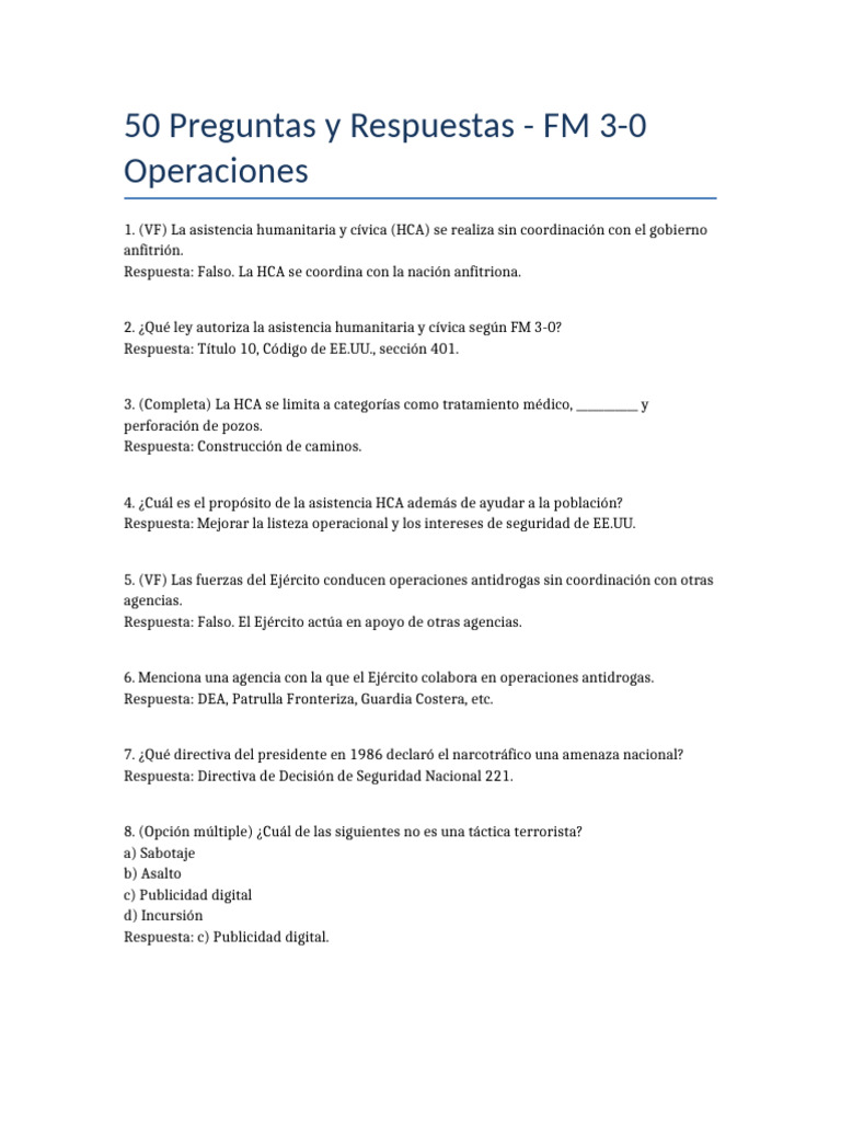 50 Preguntas sobre FM 3-0 y Operaciones | PDF | Agencia Federal de ...