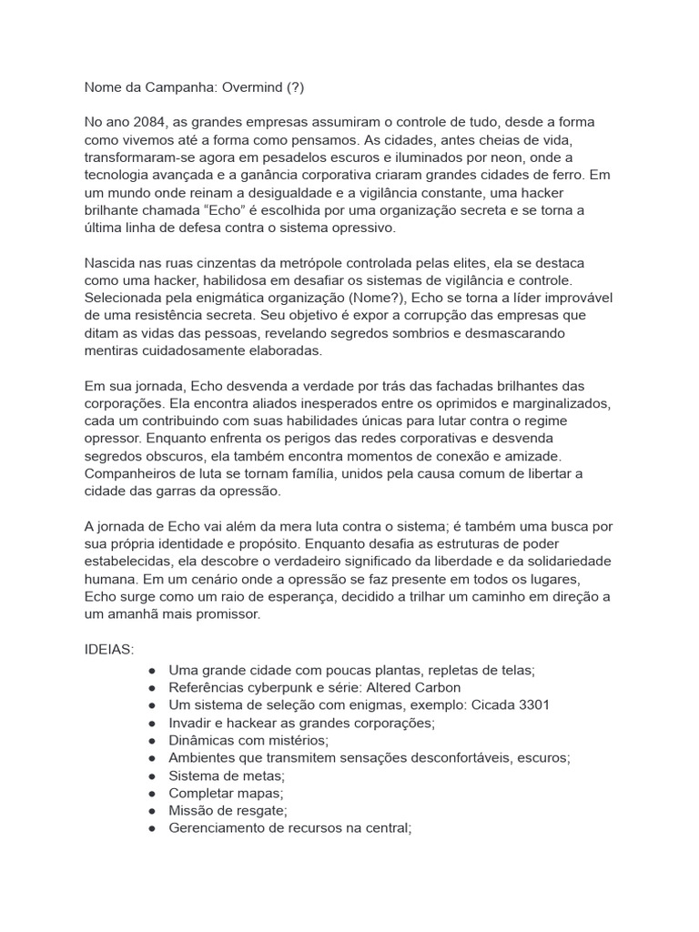 Rascunho Campanha Overmind | PDF
