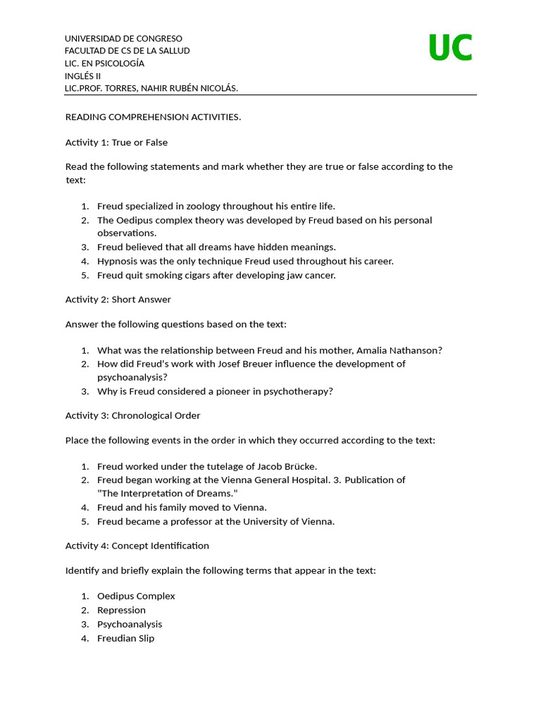 Freud Reading Comprehension Activities | PDF | Sigmund Freud ...