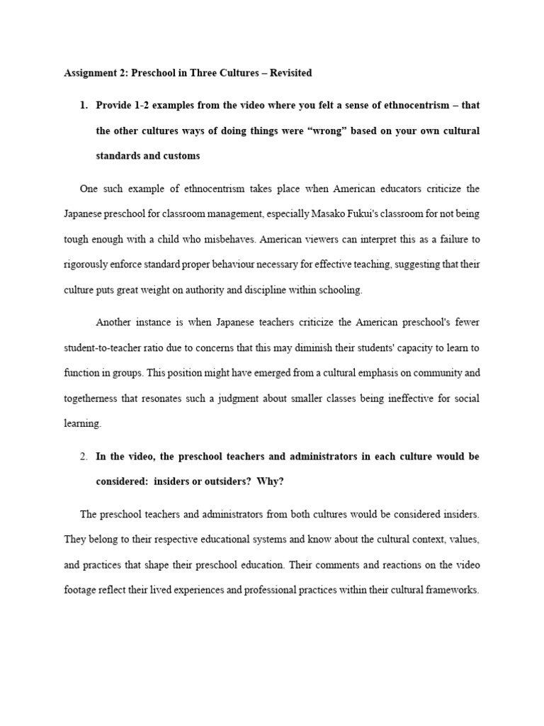 Assignment 2 - Pre School in Three Cultures | PDF | Communication ...