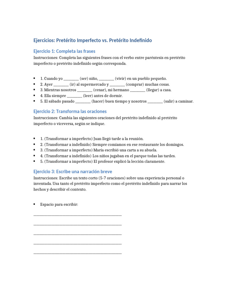Ejercicios Preterito Imperfecto Indefinido | PDF