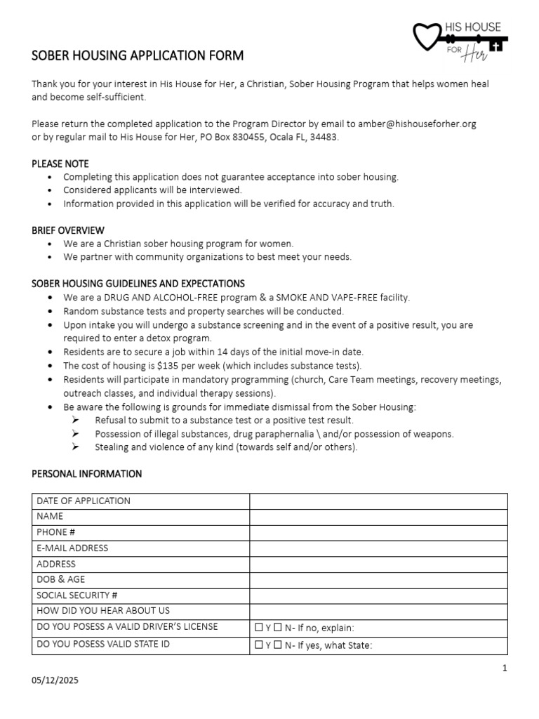 Sober Housing Application for Women | PDF | Incarceration In The United ...