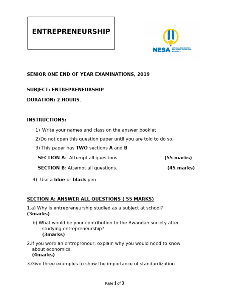 2019 Senior One Entrepreneurship Exam | PDF | Entrepreneurship | Economies
