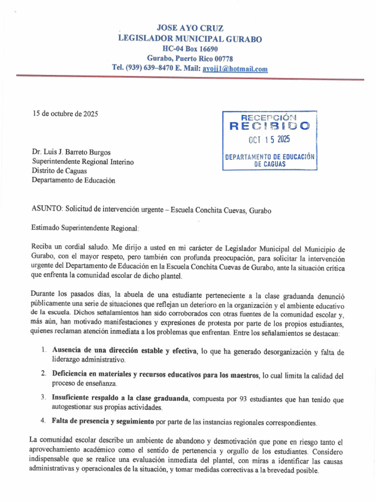 Carta Director Reginal Educacion - Caguas | PDF