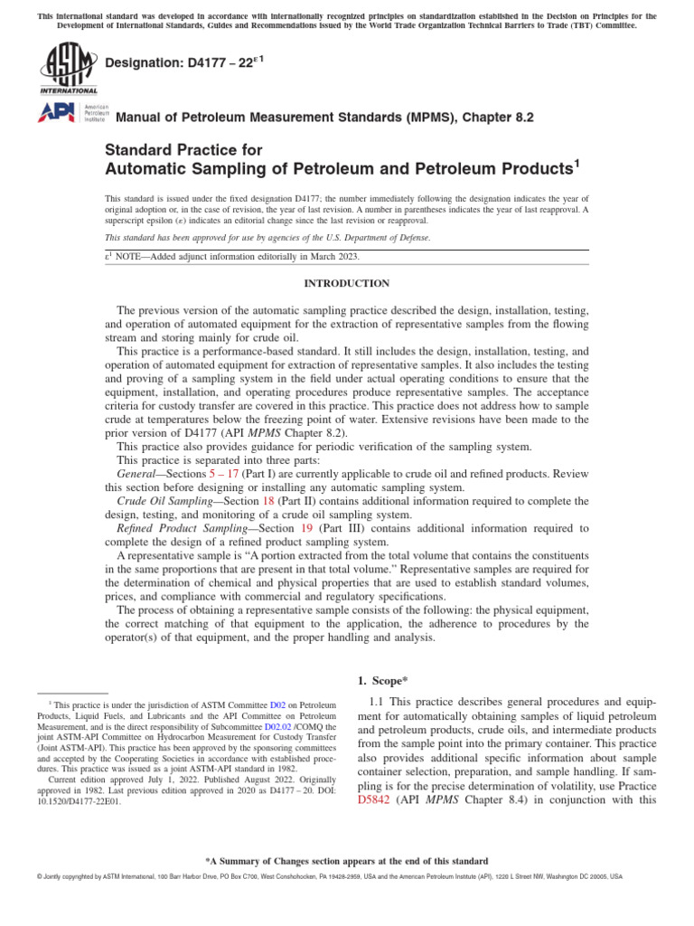 Automatic Sampling of Petroleum and Petroleum Products: Standard ...