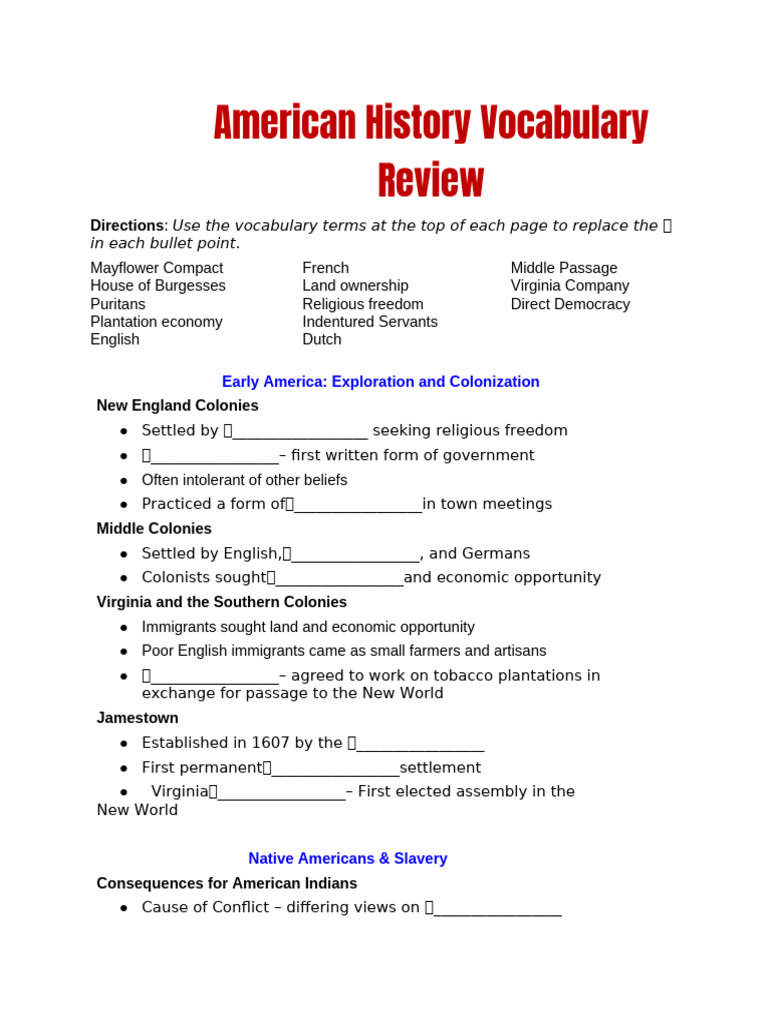 American_History_Vocabulary_Review | PDF | Thirteen Colonies | Slavery