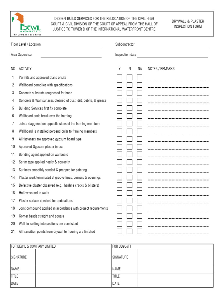 Drywall & Plaster Inspection Checklist | PDF