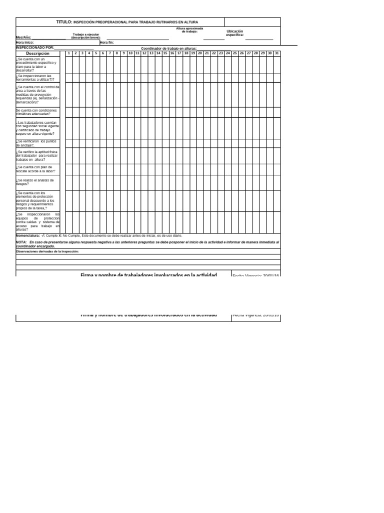 Lista de Chequeo para Trabajo en Alturas | PDF